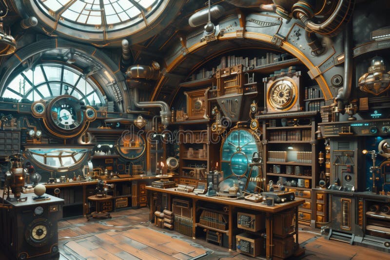 Steampunk Workshop Interior with Large Clock and Bookcases Stock Image ...