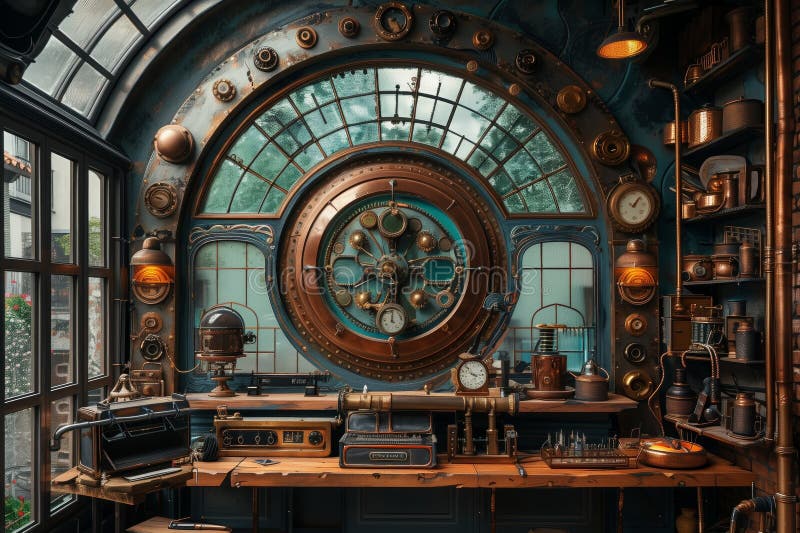 A Steampunk Workshop Interior with a Large Circular Window and ...