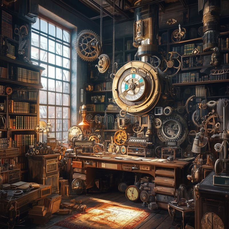 Steampunk Workshop with Intricate Gears, Clocks, and Machinery Stock ...