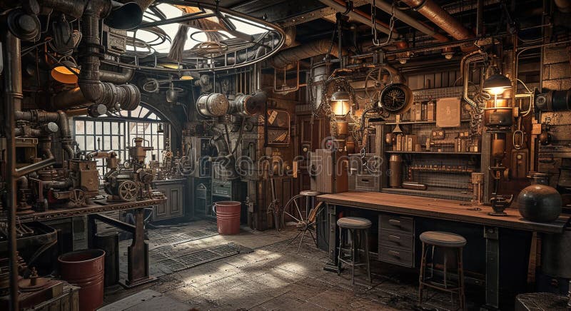 Steampunk Workshop Old Room Interior. Generative Ai Stock Illustration ...