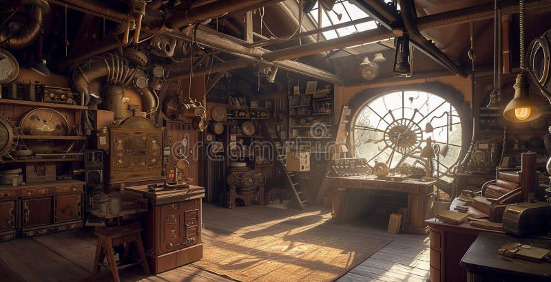 Steampunk Workshop Old Room Interior. Generative Ai Stock Illustration ...