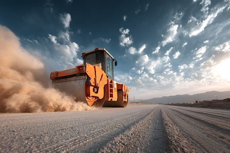 Steamroller Compacting New Asphalt Road Under Cloudy Sky Stock Image ...