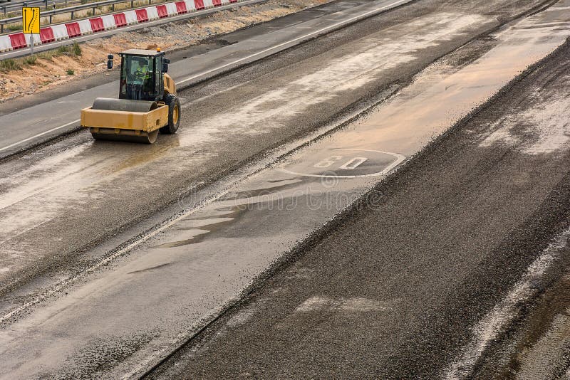 Steamroller Doing Road Construction WorkPreparation of Surface with ...
