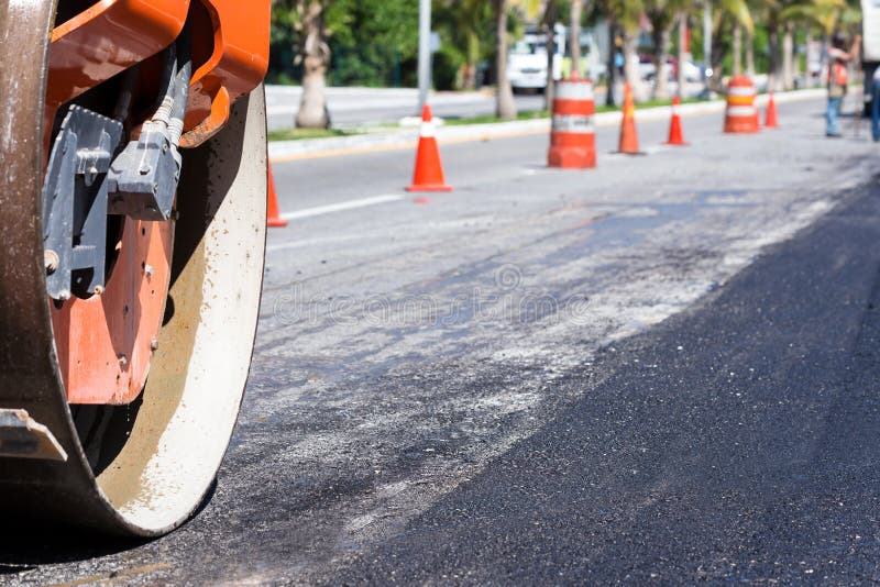 Steamroller at Road or Highway Construction Work Stock Image - Image of ...