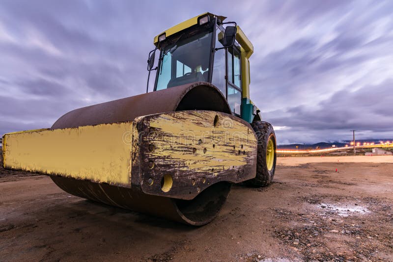 Steamroller at Road or Highway Construction Work Stock Photo - Image of ...