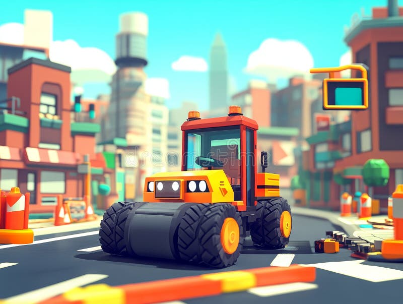 Steamroller Working on a City Street Construction Site, 3d Illustration ...