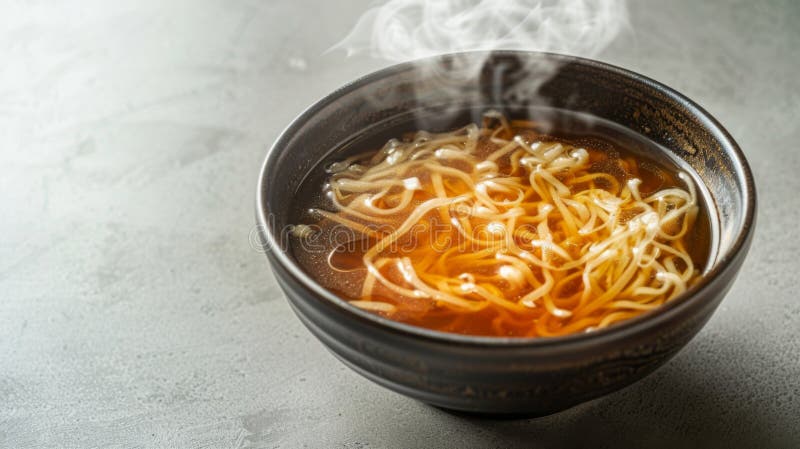 Steamy Asian Noodle Soup in Ceramic Bowl on Textured Surface Stock ...
