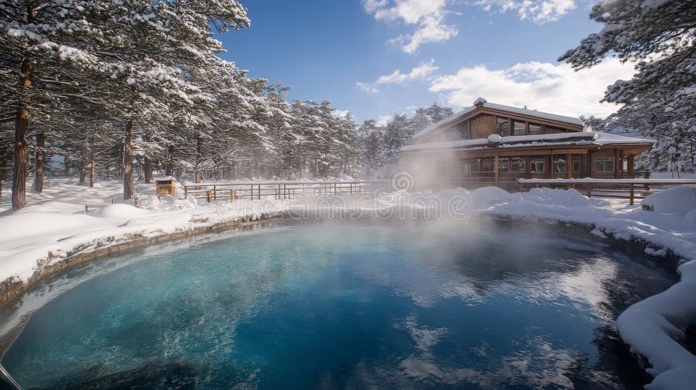 Steamy Natural Hot Spring Pool in a Snowy Forest Stock Illustration ...