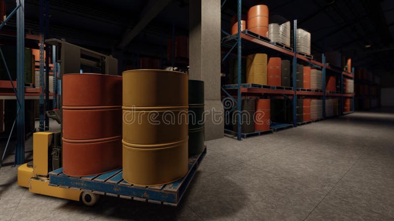 Steel Barrels on the Stacker Inside a Dimly Illuminated Warehouse Stock ...