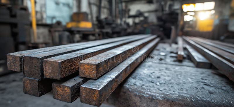 Steel Bars Stacked in Industrial Workshop, Showing Texture and Lighting ...