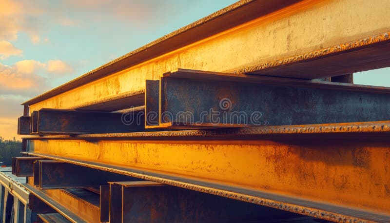 Steel Beams Stacked at Construction Site during Sunset Stock Image ...
