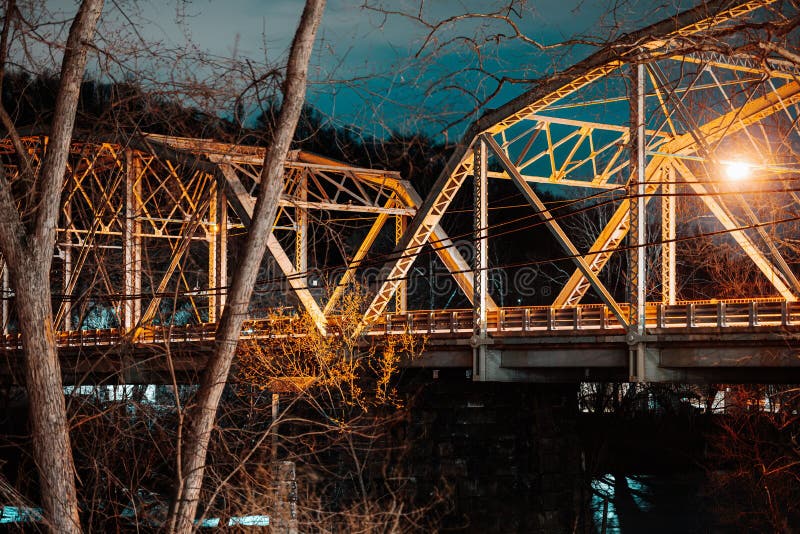 Steel Bridge with Bright Lights Stock Image - Image of train, building ...
