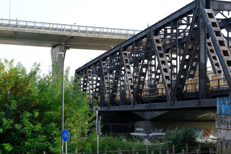 Steel bridge under viaduct stock photo. Image of structure - 337543012