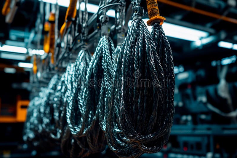 Steel Cables Hang Ready for Use in an Industrial Workshop Setting ...