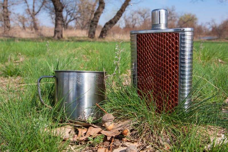 Steel Can and Flask on Meadow Stock Photo - Image of green, handle ...