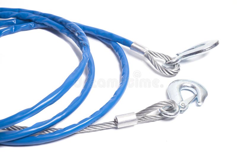 Steel Car Tow Rope with Hooks in Blue Braid Isolated on White ...