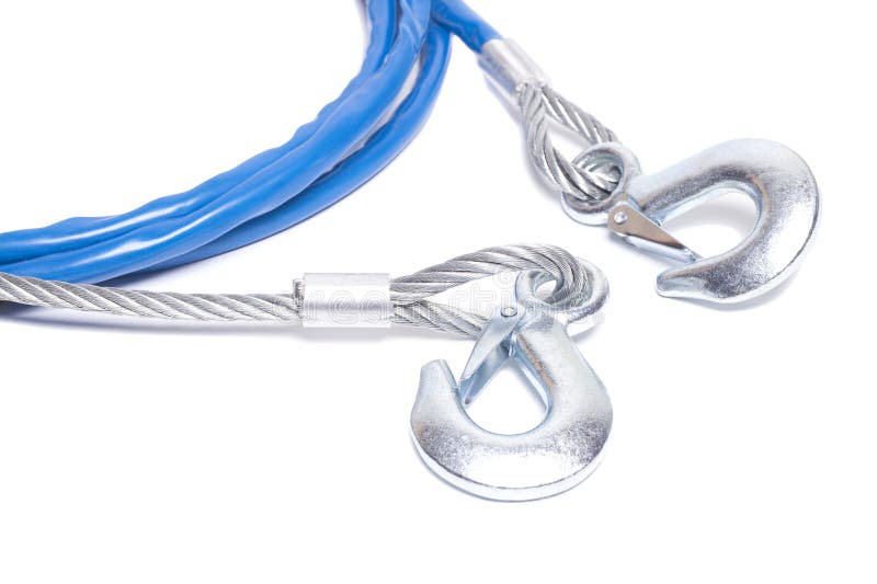 Steel Car Tow Rope with Hooks in Blue Braid Isolated on White ...
