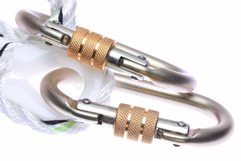 Steel Carabiners with Rope Isolated Stock Photo - Image of climbing ...