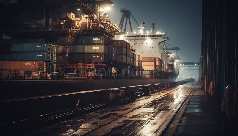 Steel Cargo Containers Illuminate the Dark Quayside at Sunset Generated ...