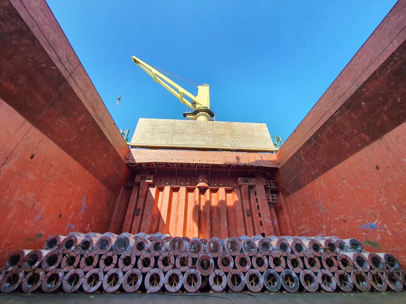 Steel coil in cargo hold stock photo. Image of hold - 237745704