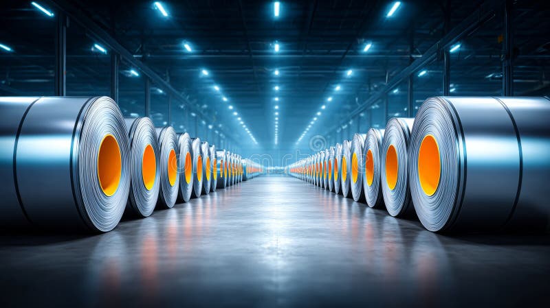 Steel Coil Storage Warehouse with Massive Rolls of Metal Stacked Stock ...