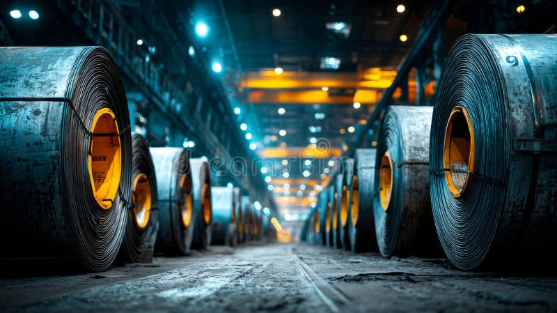 Steel Coil Storage Warehouse with Massive Rolls of Metal Stacked Stock ...