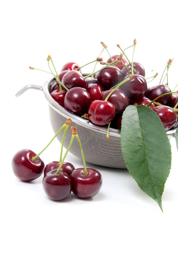 Steel Colander with Red Sweet Cherry Isolated on a White Background ...