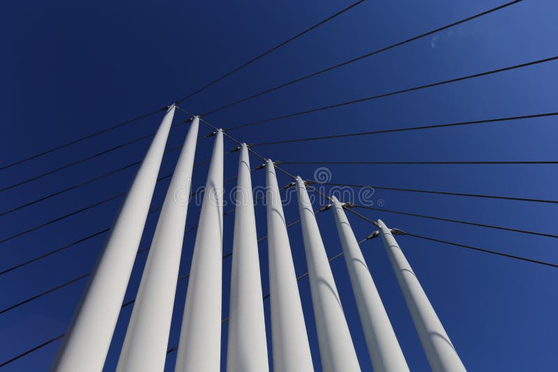 Steel Columns and Cables of Modern Bridge Looking Up Blue Sky Stock ...