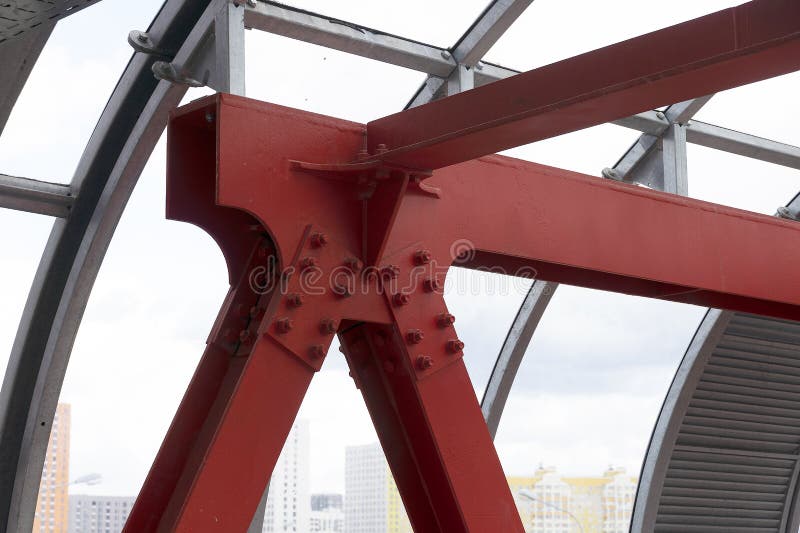 Steel Connection of Two Red Beams on Bolts. Angular Connection of ...