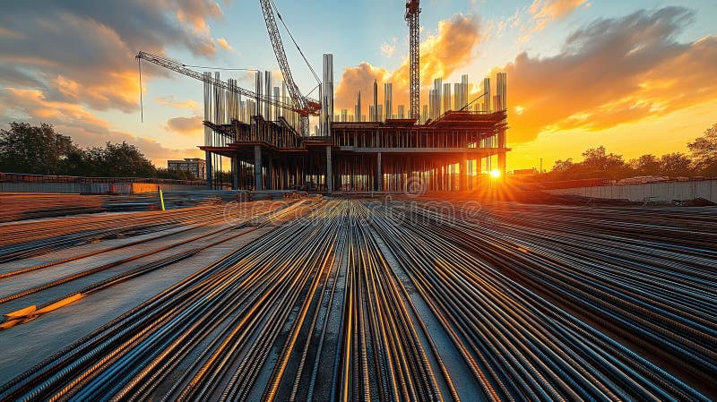 Steel Construction Site at Sunset. Partially Built High-rise Structure ...