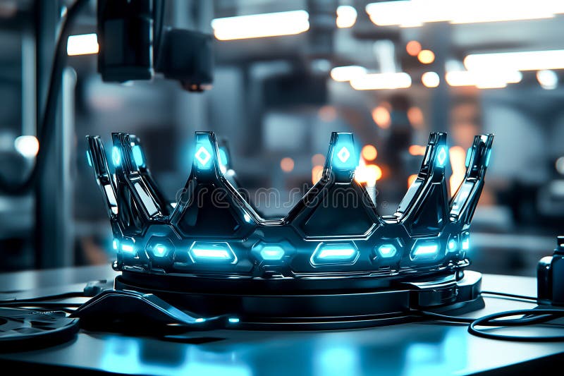 A Steel Crown Displaying Glowing Blue Lights Sits on a Table in a ...