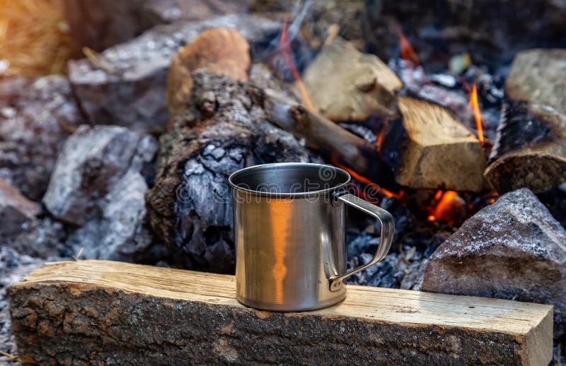 Steel Cup on an Open Fire in Nature. Cooking on Fire Stock Image ...
