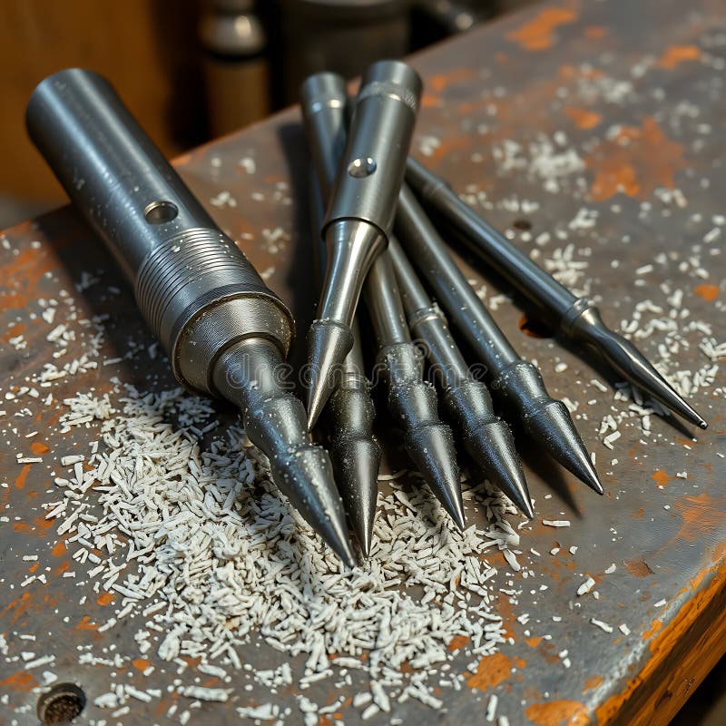 Steel Die Tools Covered in Fine Metal Shavings Placed on a Rugged ...