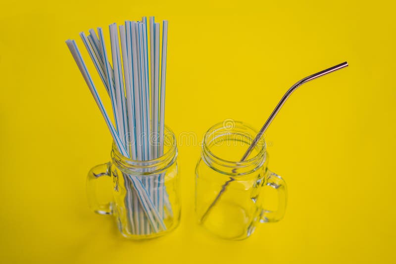 Steel Drinking Vs Disposable Straws on a Yellow Background. Zero Waste ...