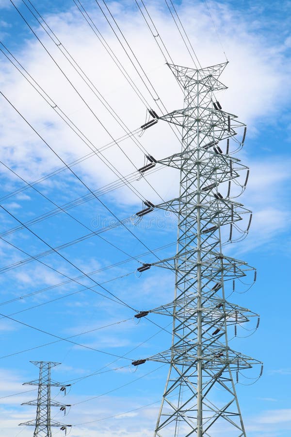 Steel Electricity Pylon on Bright Blue Sky Stock Image - Image of metal ...