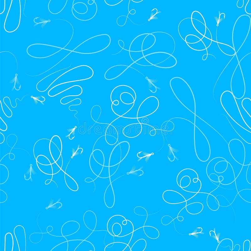 Steel Fishing Hook Set with Feathers on Blue Background. Seamless ...