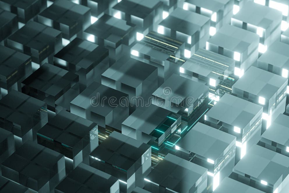 Steel Frame and Glowing Cubes, 3d Rendering Stock Illustration ...