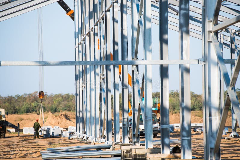 Steel Frame Workshop is Under Construction Against a Blue Sky Stock ...