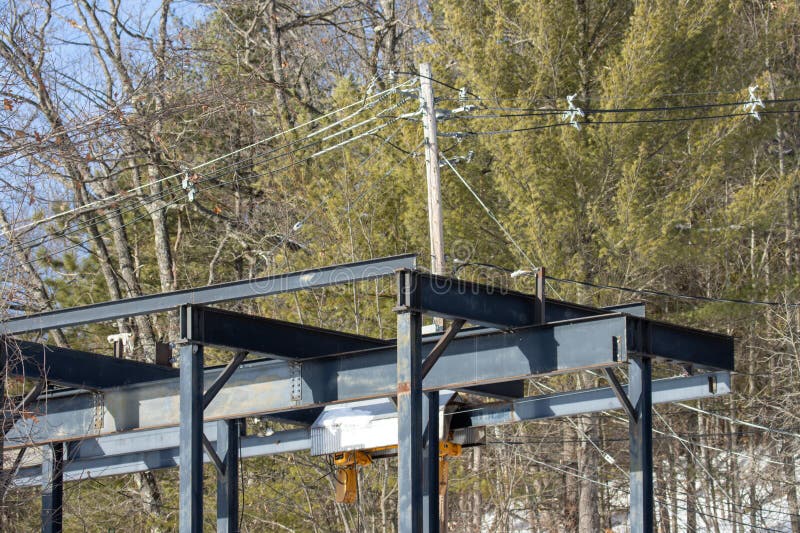 Steel Framework with Power Lines in the Forest Stock Photo - Image of ...