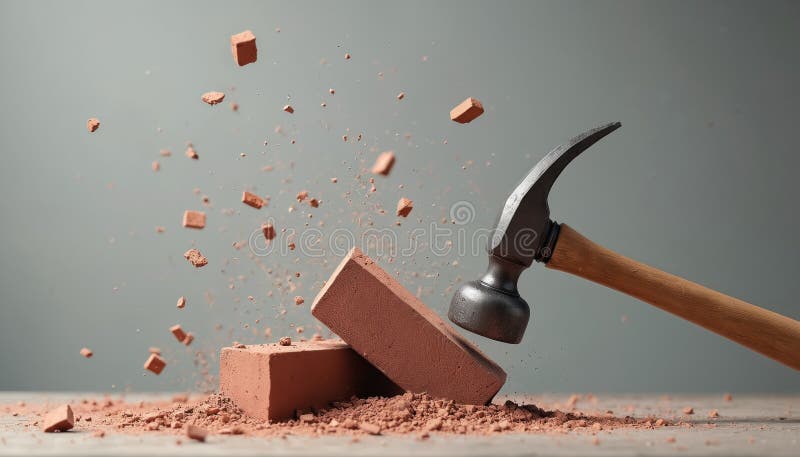 Steel Hammer Forcefully Strikes Brick Causing To Shatter into Pieces ...