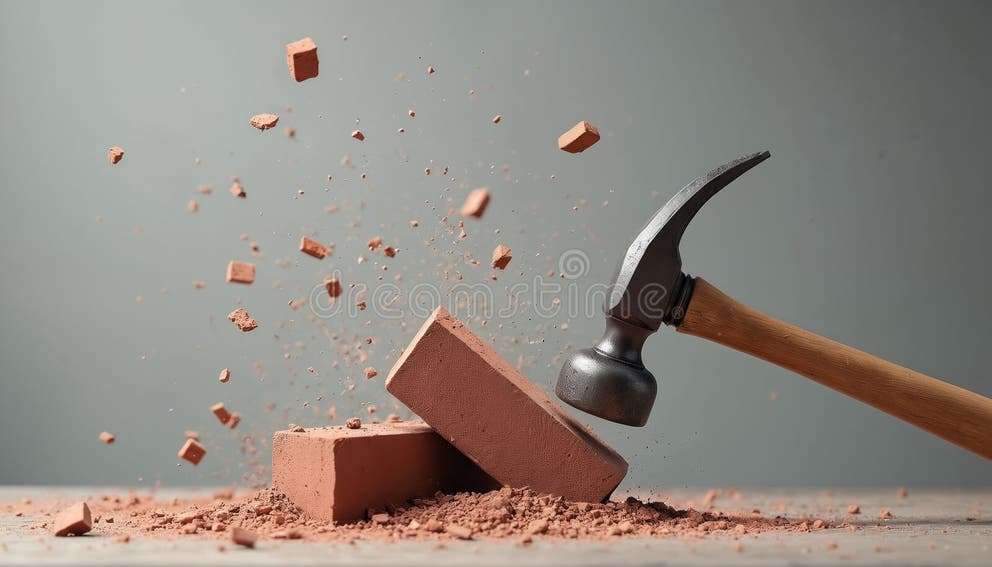 Steel Hammer Forcefully Strikes Brick Causing To Shatter into Pieces ...