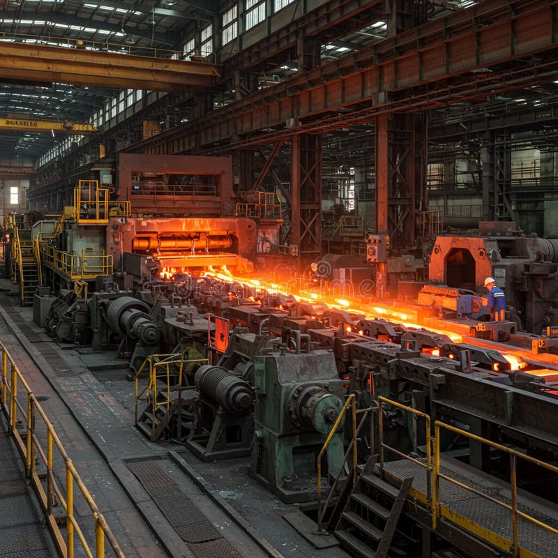 Steel Mill Interior Featuring a Hot Rolling Process. Molten Metal Flows ...