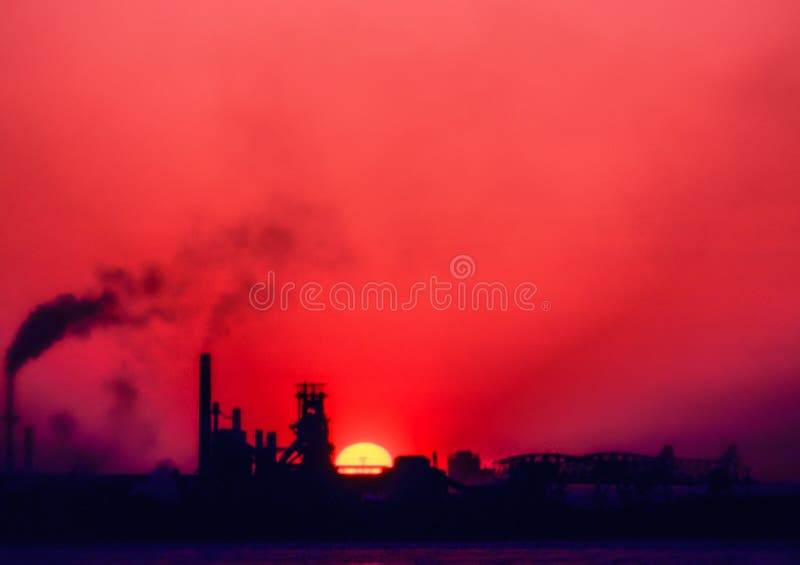 Steel Mill Smoke Stacks with Red Sunset Stock Photo - Image of chimney ...