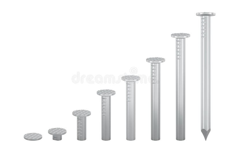 Steel Nails Hammered with on Different Levels. 3D Rendering Stock ...