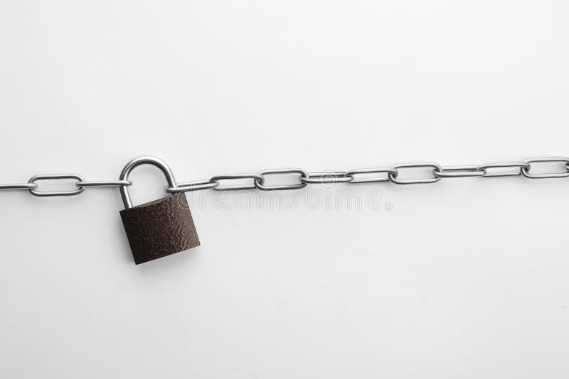 Steel Padlock and Chain Isolated on White. Safety Concept Stock Image ...