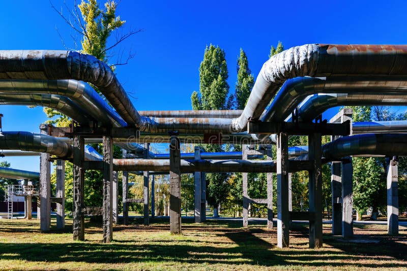 Steel Pipelines Outgoing from the Plant at Sunny Day Stock Photo ...
