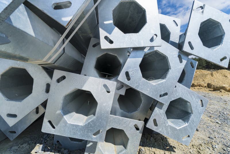 Pipes Metal Light Posts at Road Construction Site Stock Image - Image ...