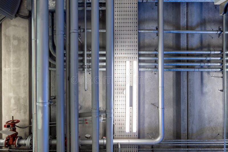 Steel Pipes System Network on Ceiling Stock Image - Image of ...