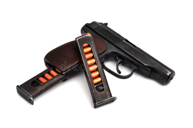 Steel pistol and magazines stock image. Image of ammo - 23856655