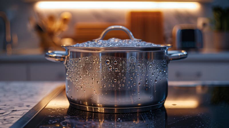 Steel Pot with Boiling Water on Stove in Modern Kitchen. Stock Photo ...